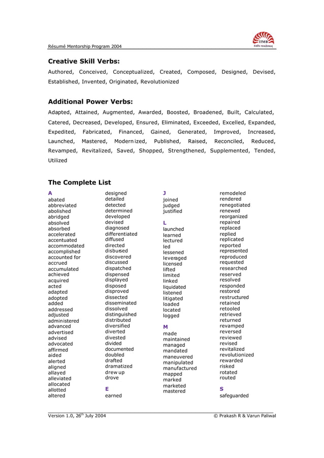 Power Verbs to be used in Resume | PDF