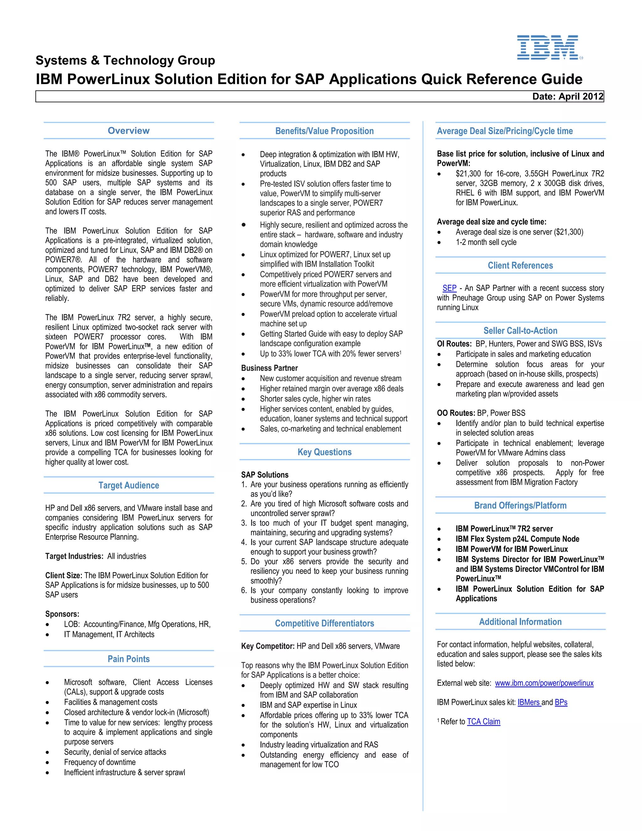 IBM PowerLinux Solution Edition for SAP Applications Quick Reference Guide | PDF