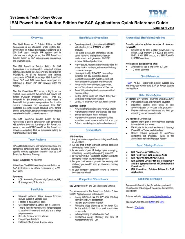 IBM PowerLinux Solution Edition for SAP Applications Quick Reference ...