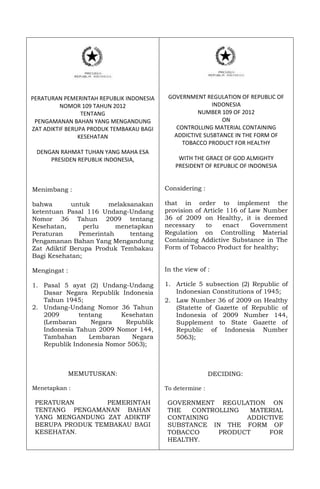 Pp 109 2012 pengendalian tembakau indonesia inggris | DOCX