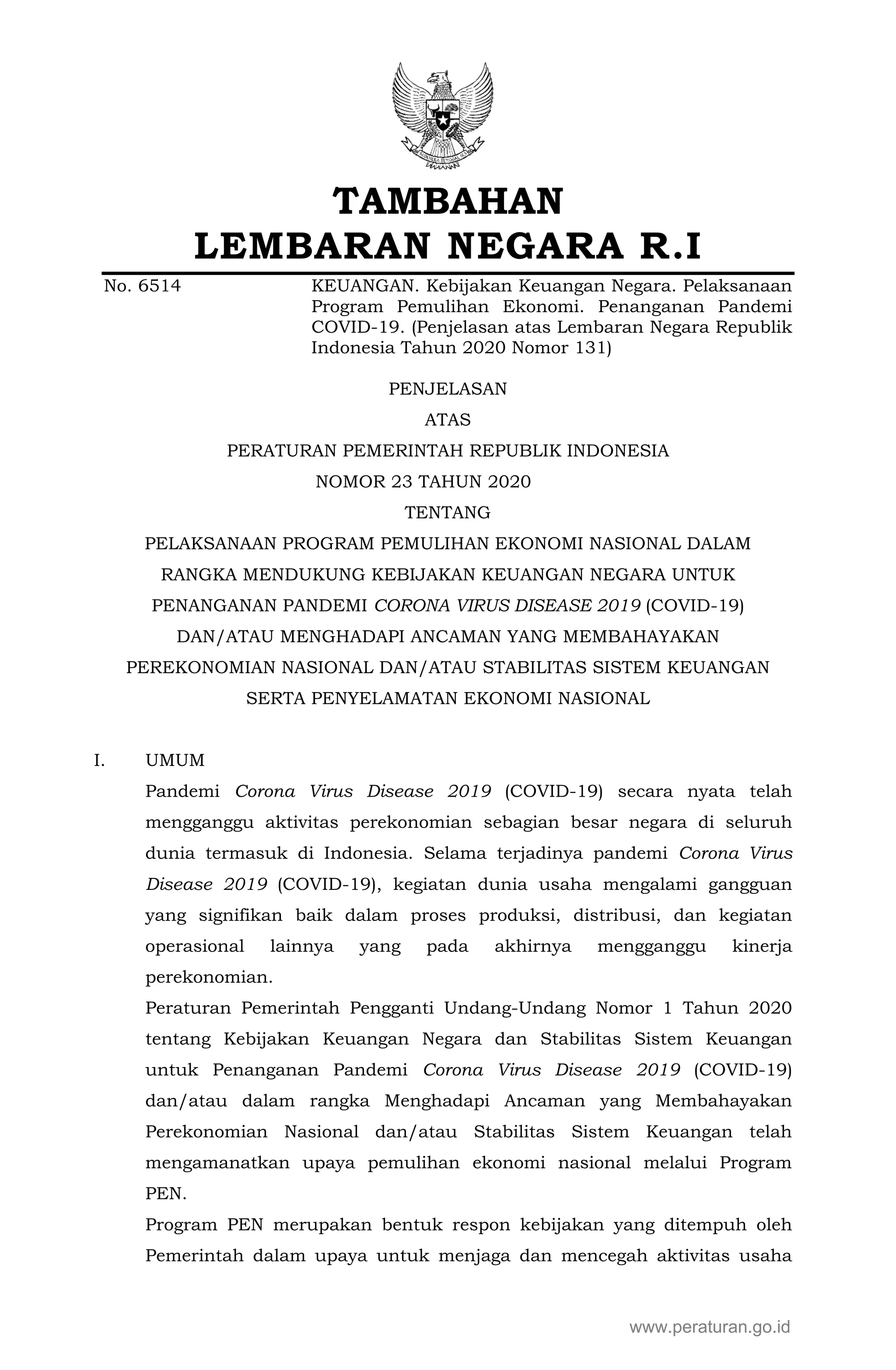 Lampiran Peraturan Pemerintah Nomor 23 Tahun 2020 | PDF