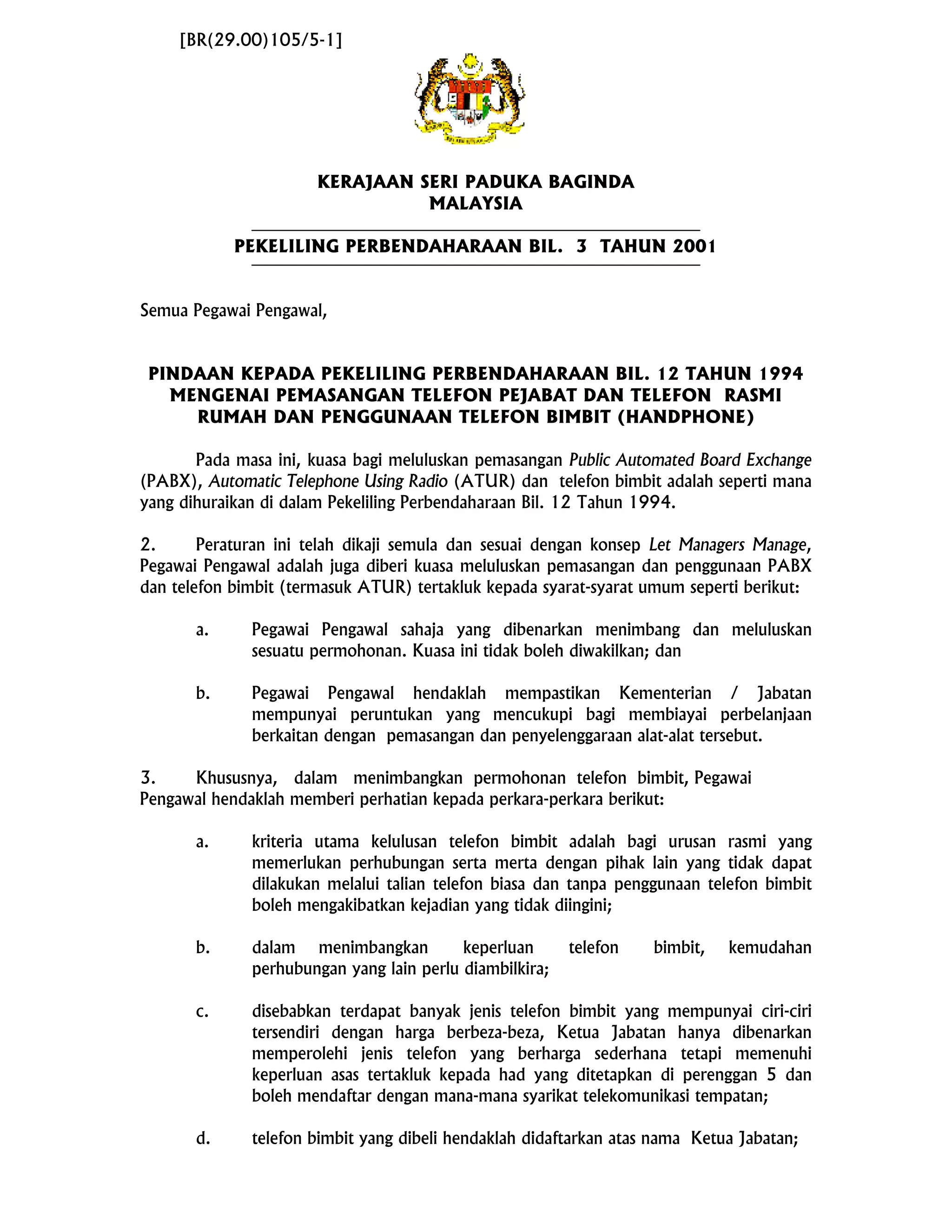 PP Bil 3 tahun 2001 pemasangan tel pej & pgunaan tel bimbit | PDF