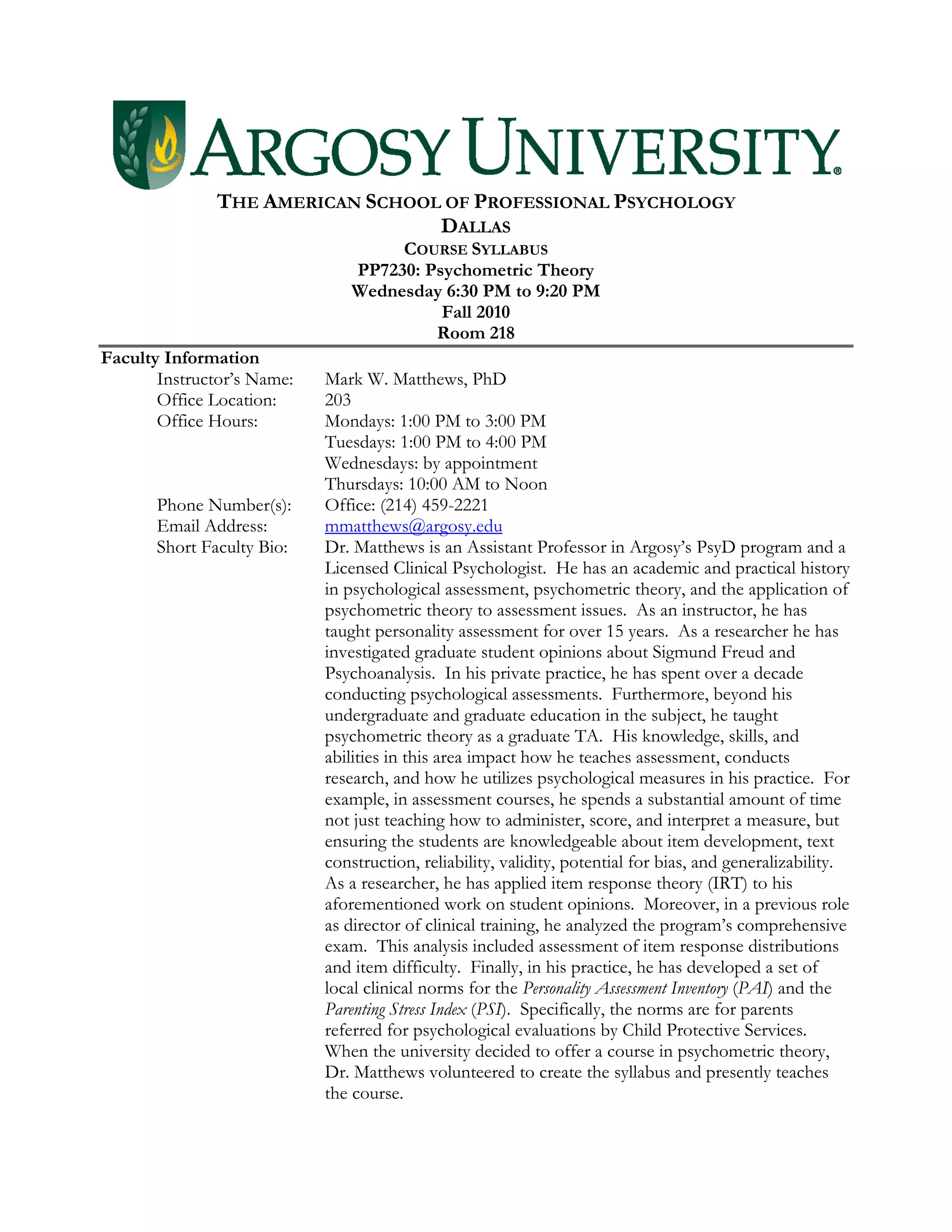 Pp7230 psychometric theory_matthews_fall_2010 | PDF