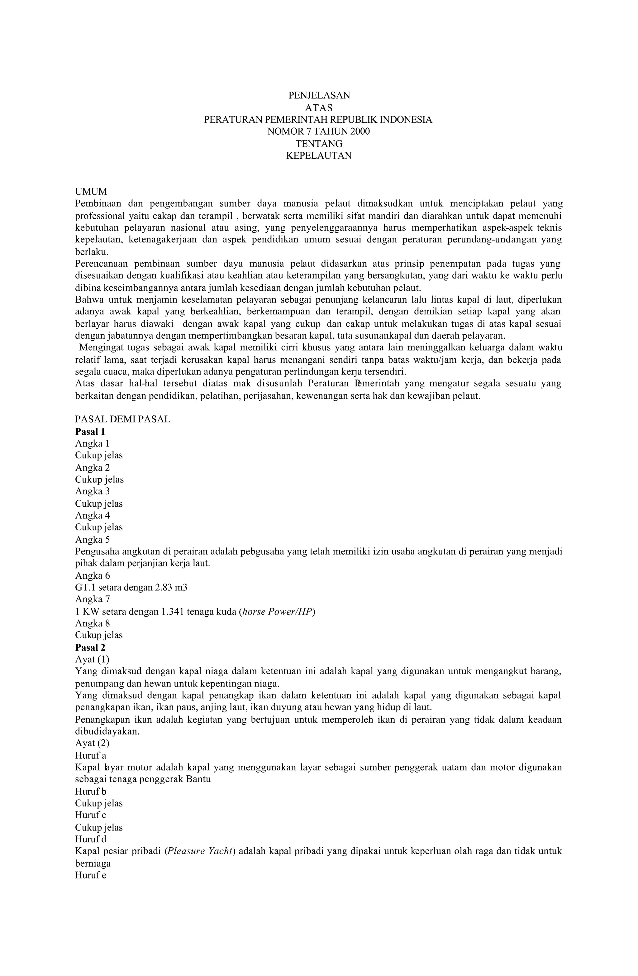 Pp 7 tahun 2000 tentang kepelautan | PDF