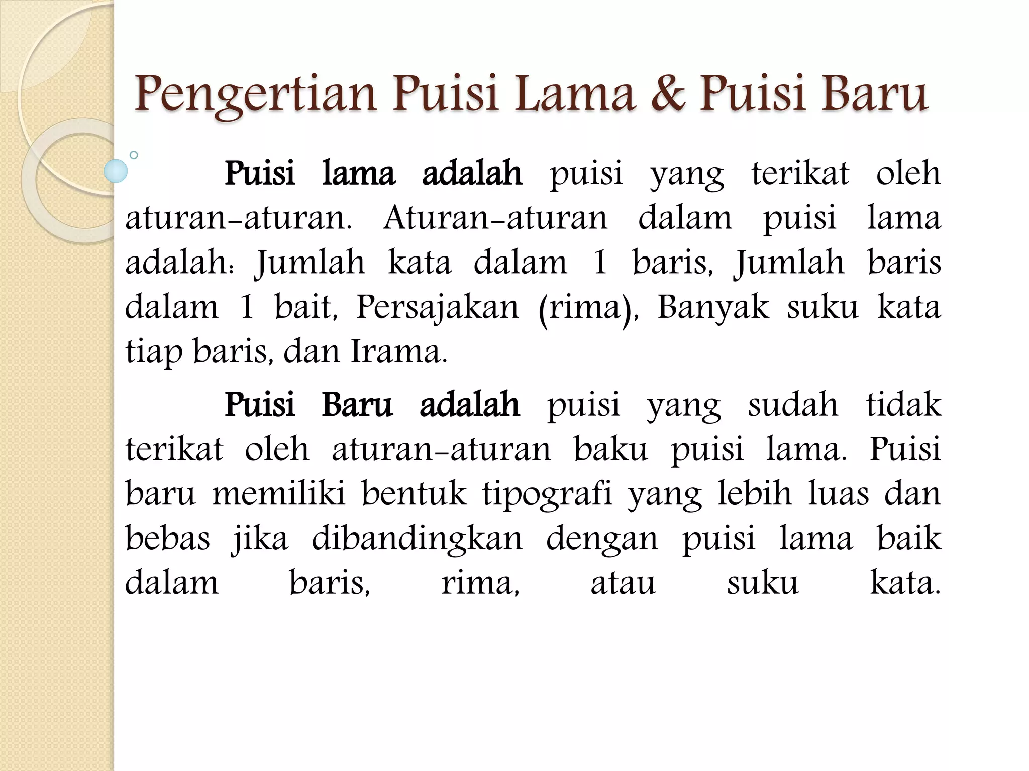 membandingkan karakteristik puisi lama dan puisi baru | PPTX