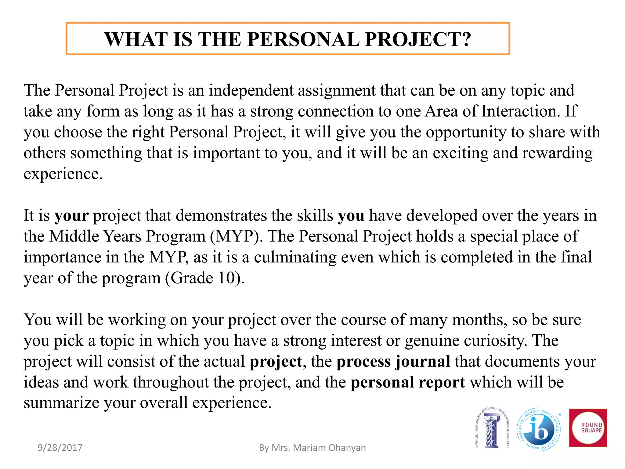 Personal Project Guide by Mrs. Mariam Ohanyan | PPT