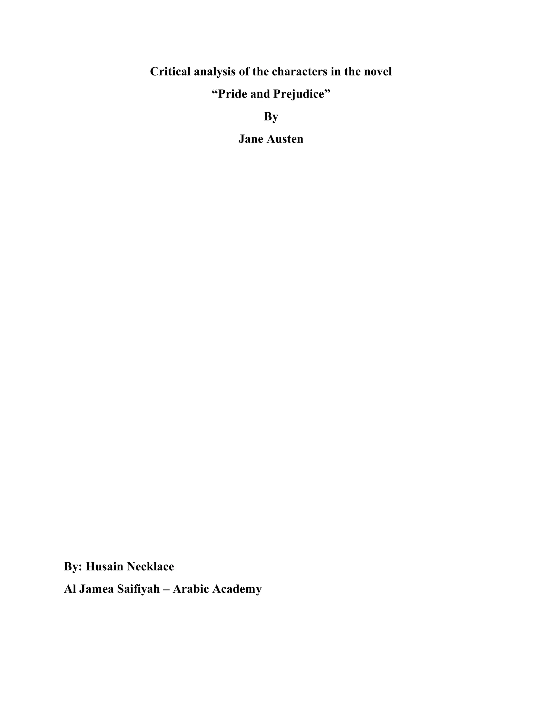 Character analysis in the novel "Pride and Prejudice" by Jane Austen by Husain Necklace | PDF