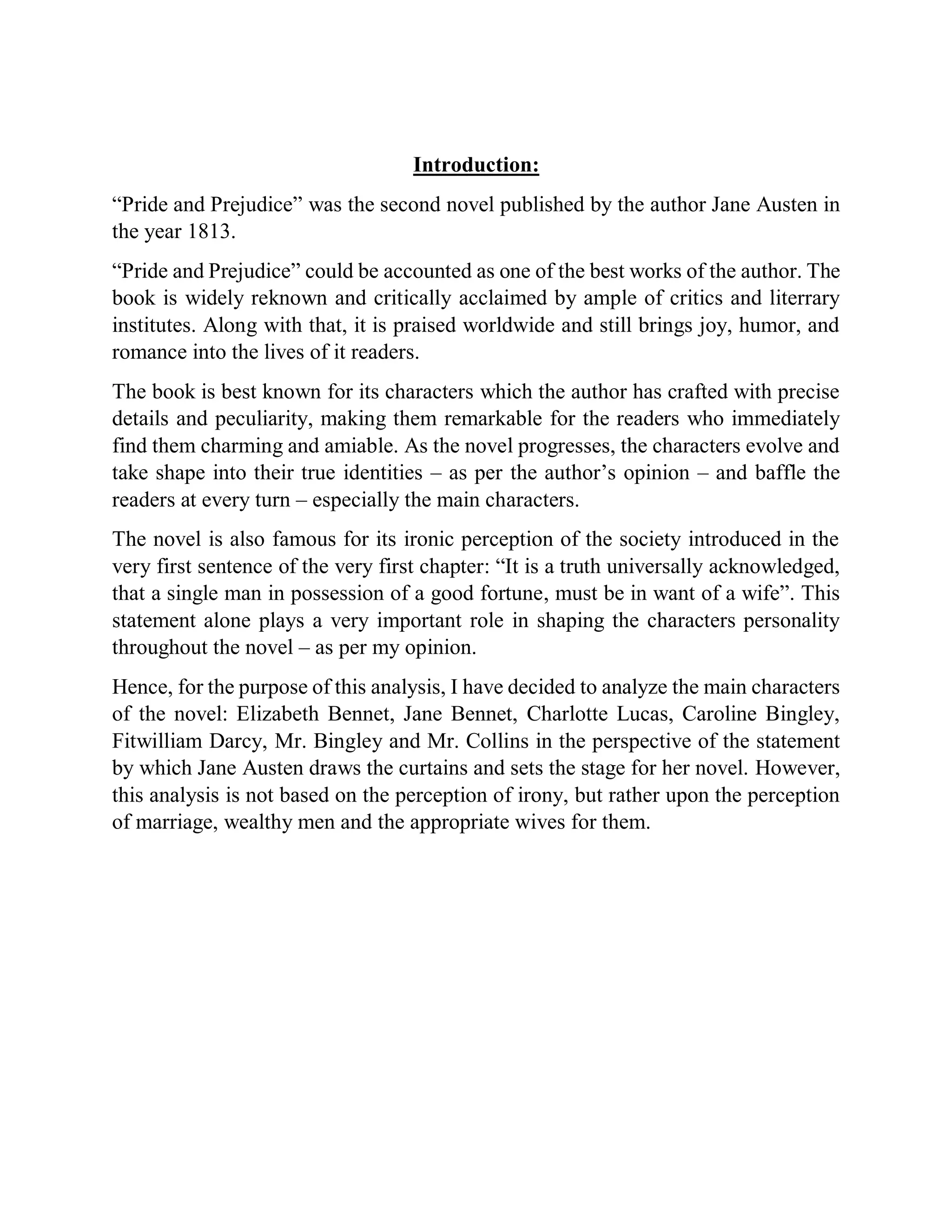 Character analysis in the novel "Pride and Prejudice" by Jane Austen by ...