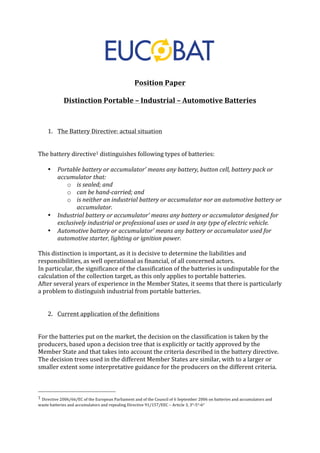 Eucobat Position Paper - Distinction Between Portable, Industrial and Automotive Batteries | PDF ...
