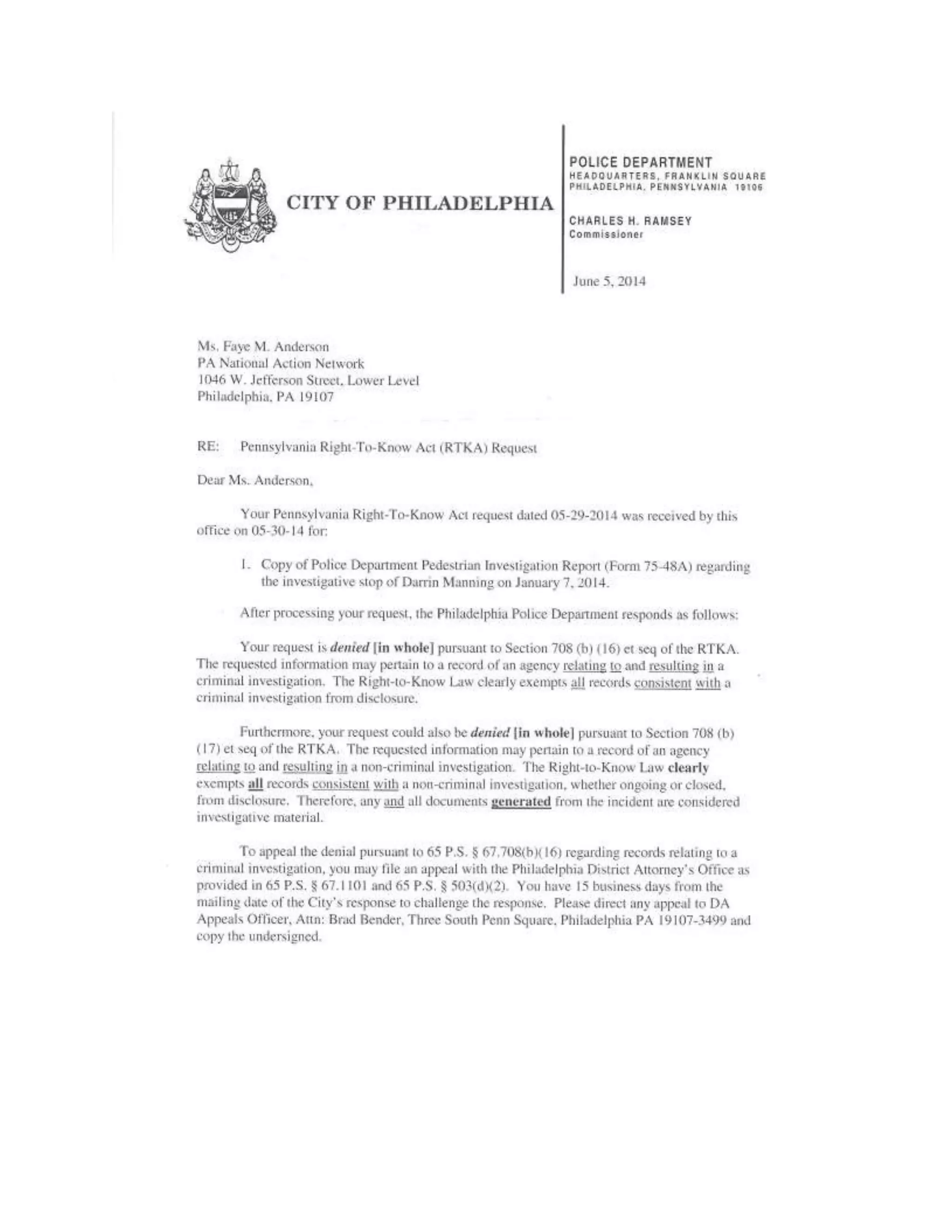 Philadelphia Police Department's Response to RTK Request | DOCX