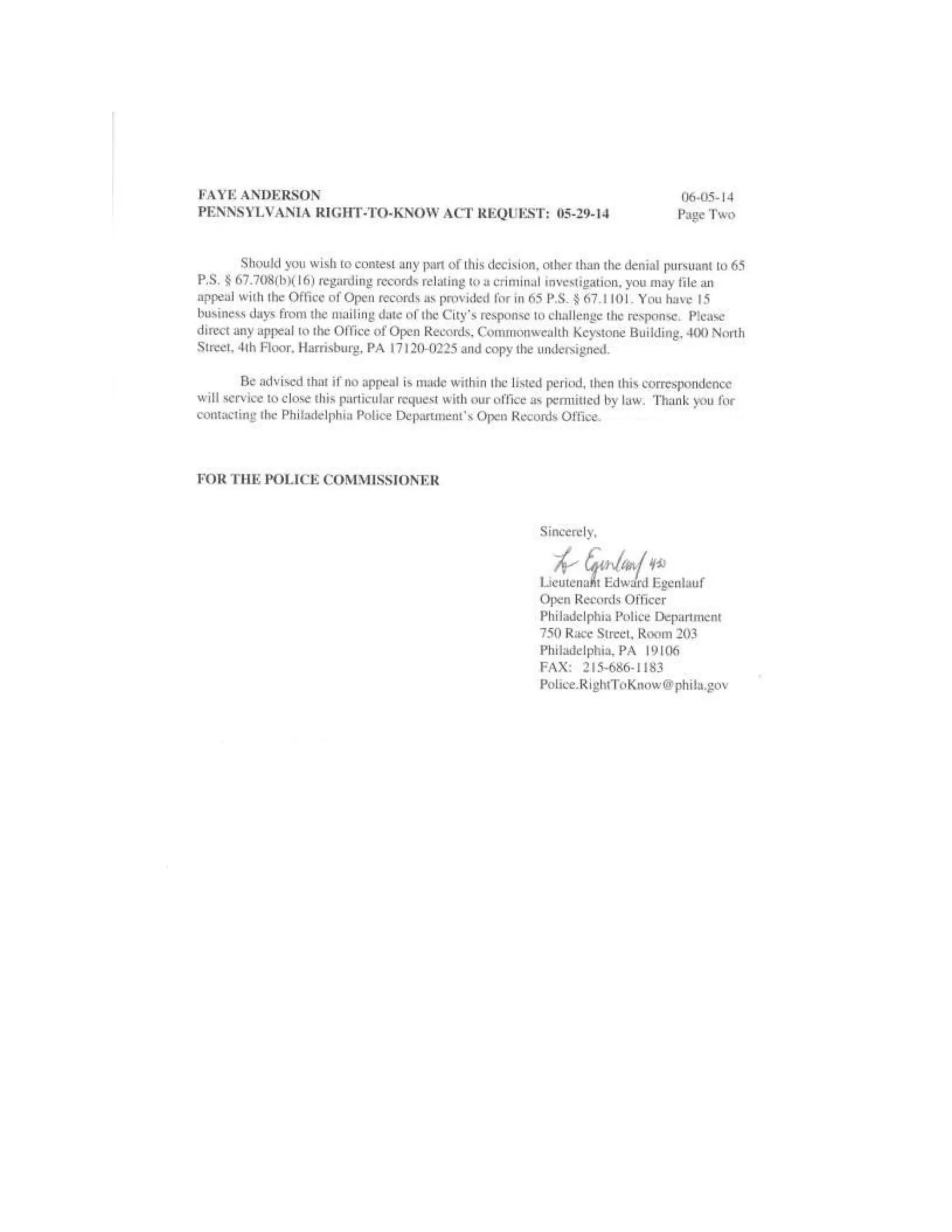 Philadelphia Police Department's Response to RTK Request | DOCX