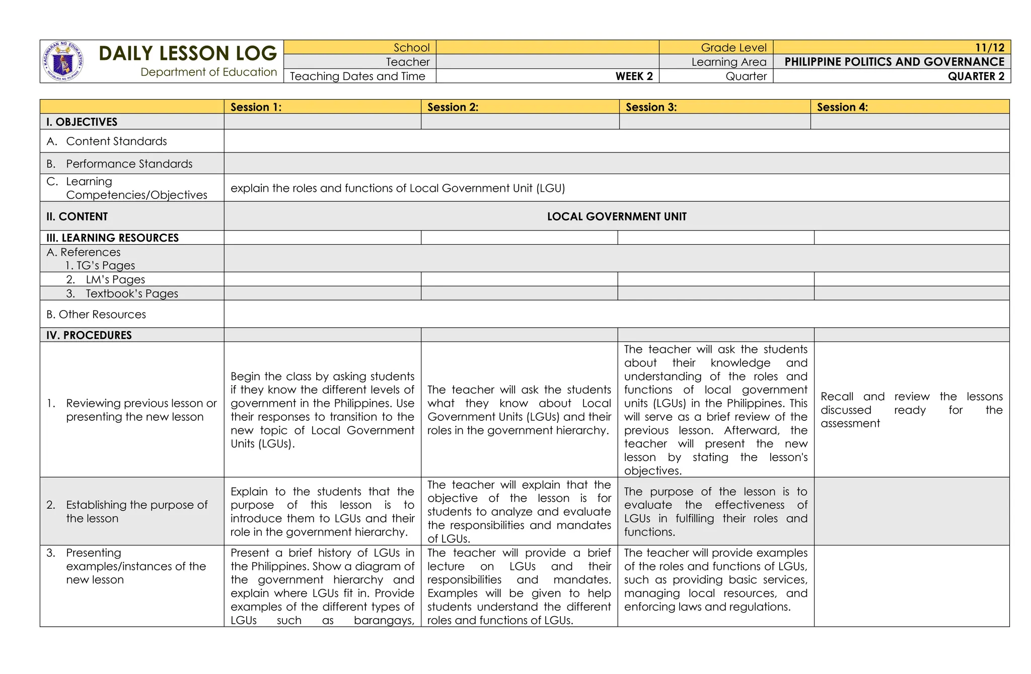 PPG Q2 WEEK2 (Philippine Politics and Governance) | DOCX