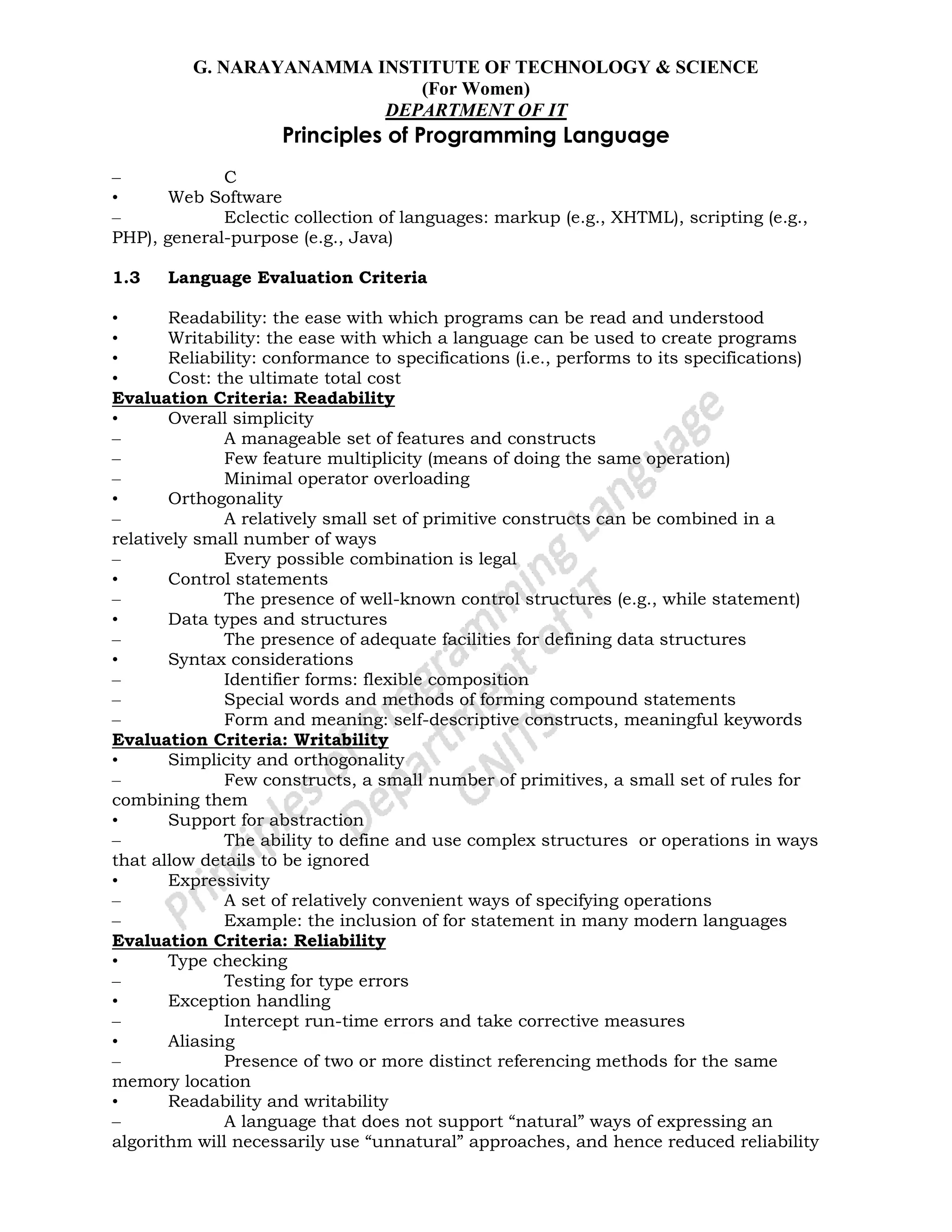 Principles Of Programming Languages Detail Notes Pdf Programming Languages Computing