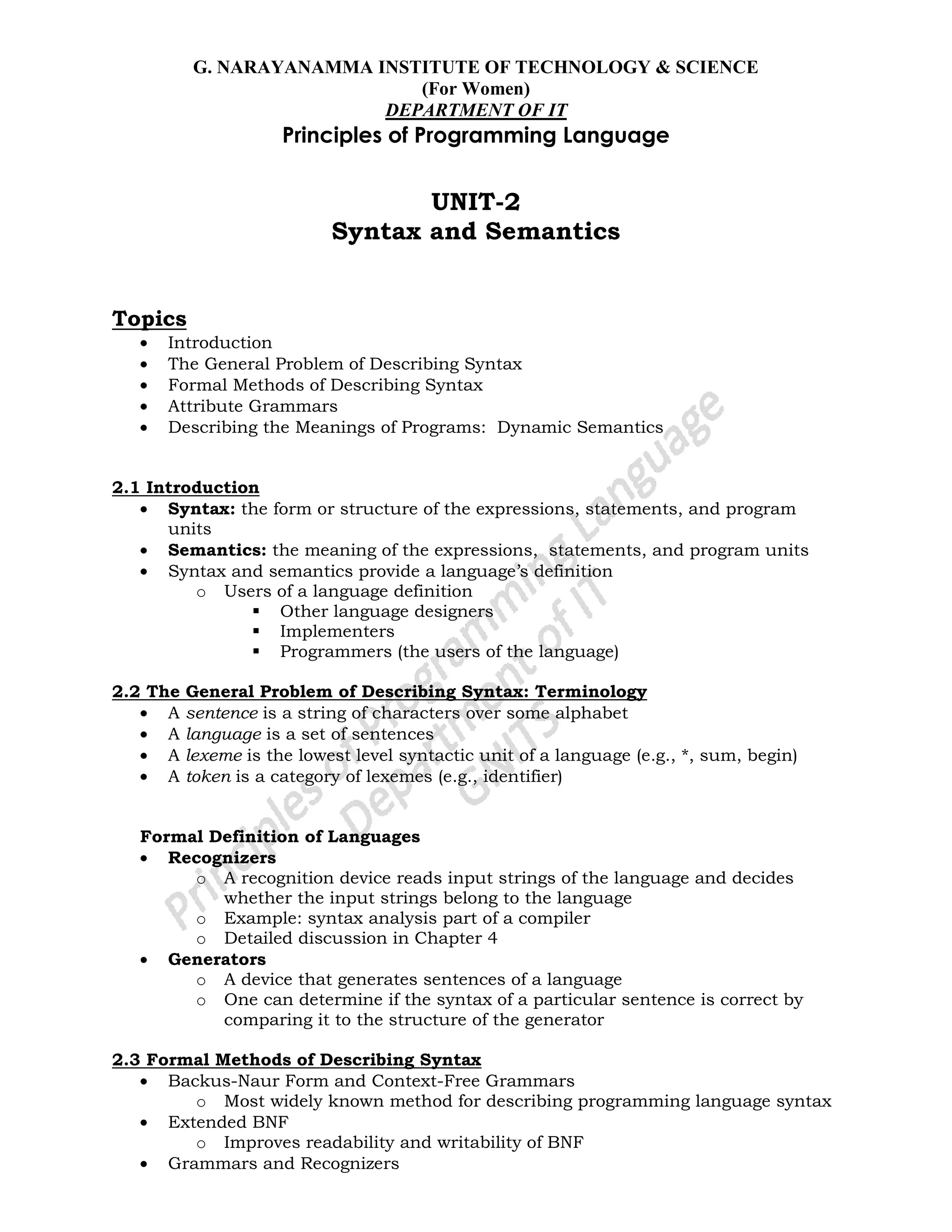 Principles Of Programming Languages Detail Notes Pdf Programming Languages Computing