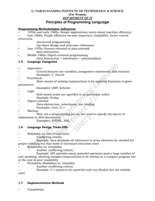 Principles Of Programming Languages Detail Notes Pdf Programming Languages Computing