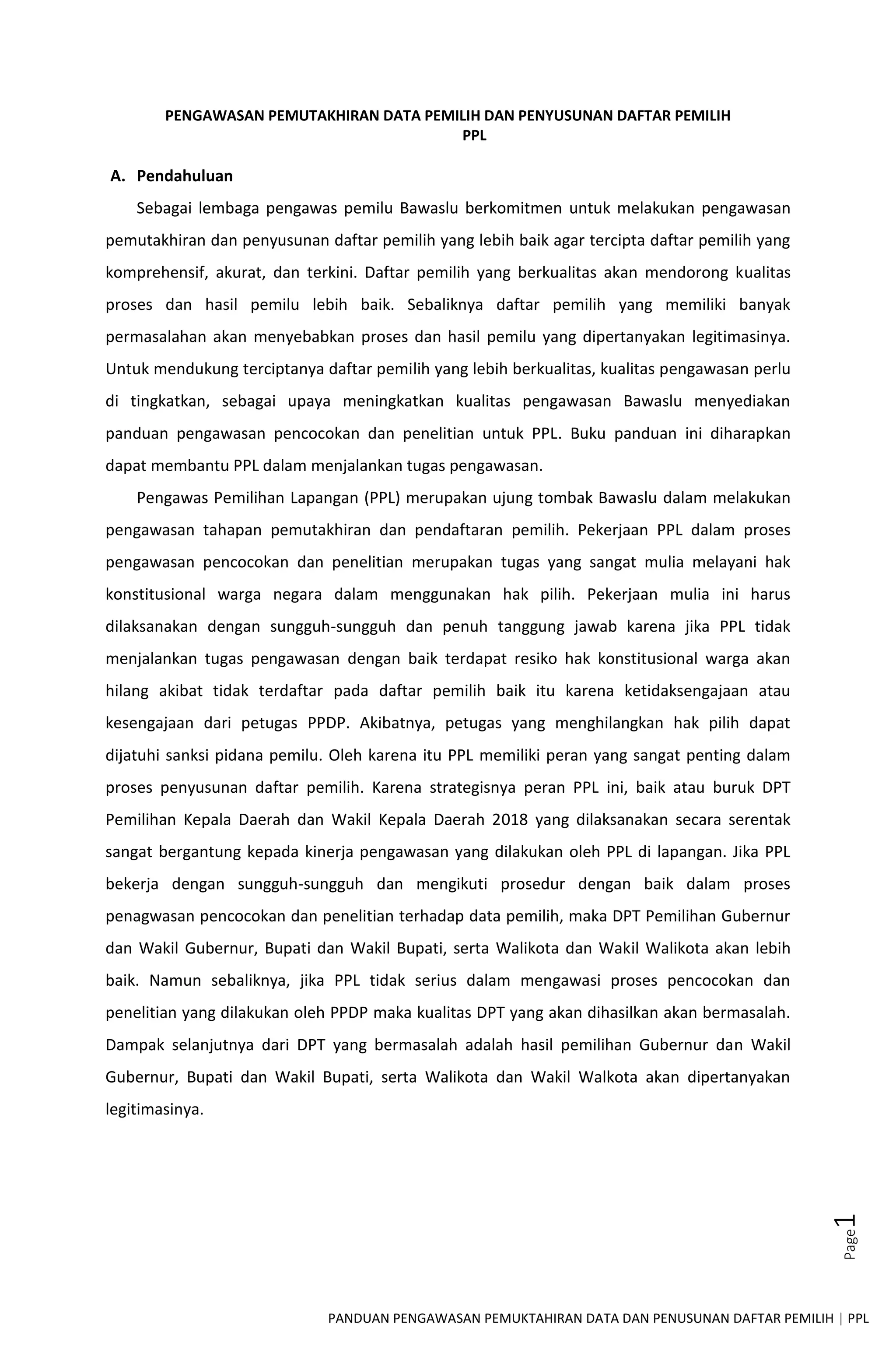 Ppl panduan pengawasan pemutakhiran data dan penyusunan daftar pemilih | PDF
