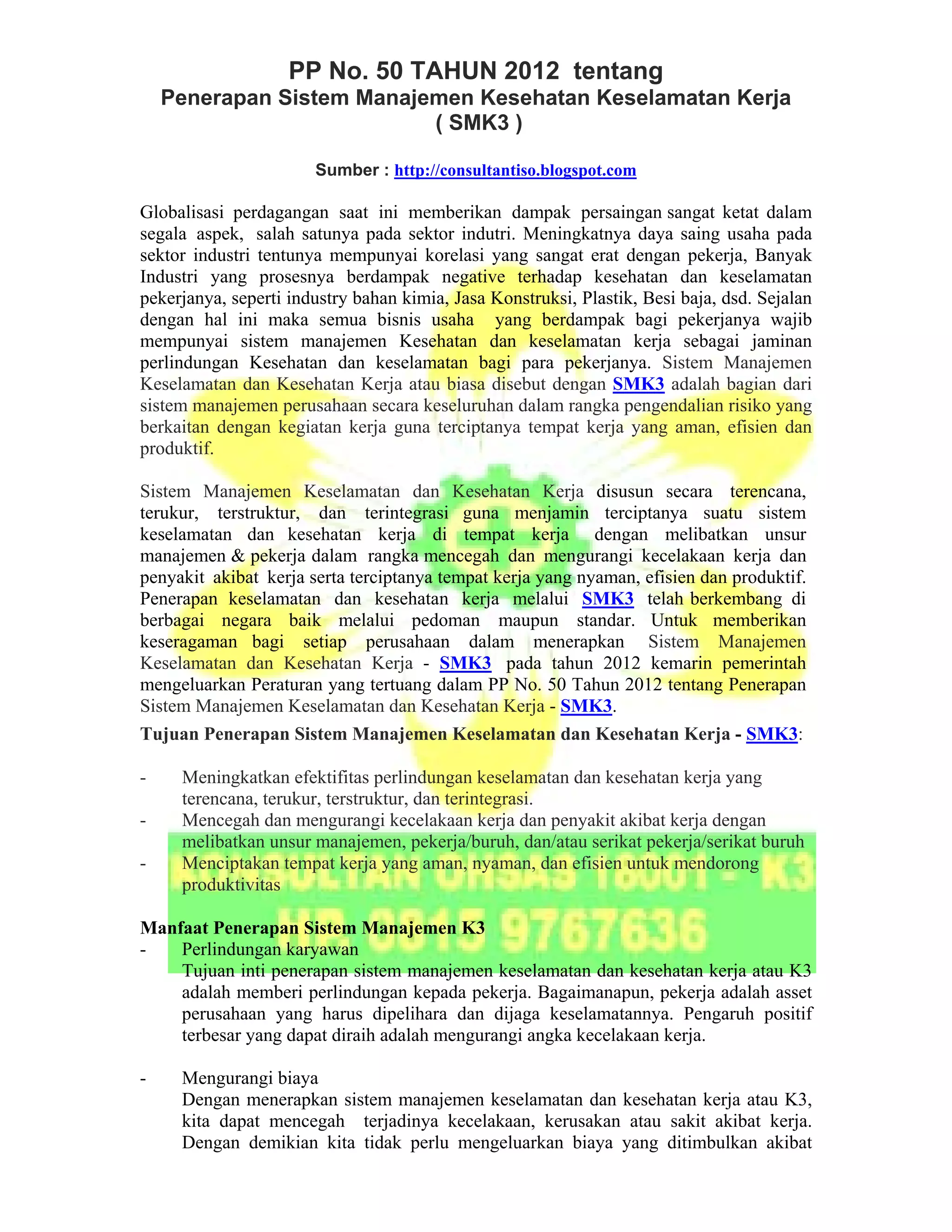 PP no. 50 tahun 2012 tentang Penerapan SMK3 | PDF
