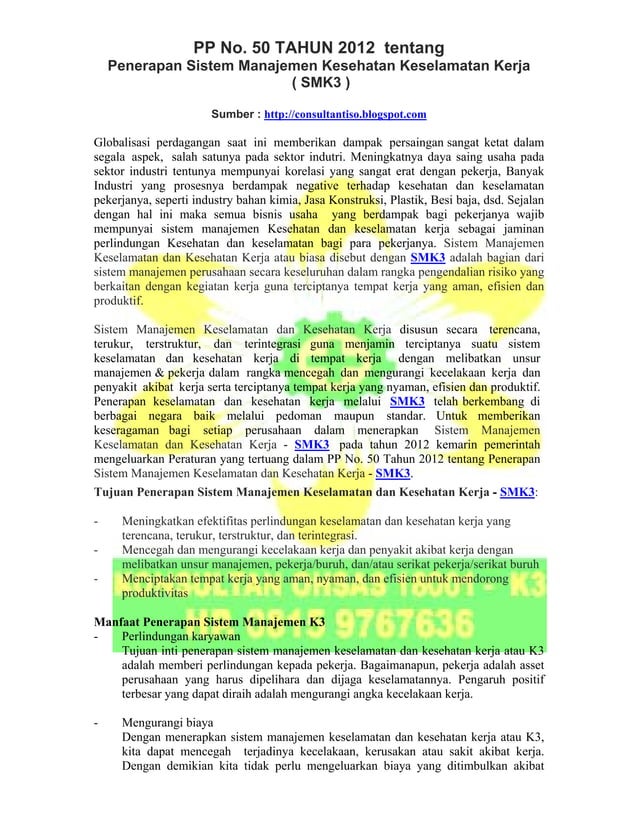 PP no. 50 tahun 2012 tentang Penerapan SMK3 | PDF