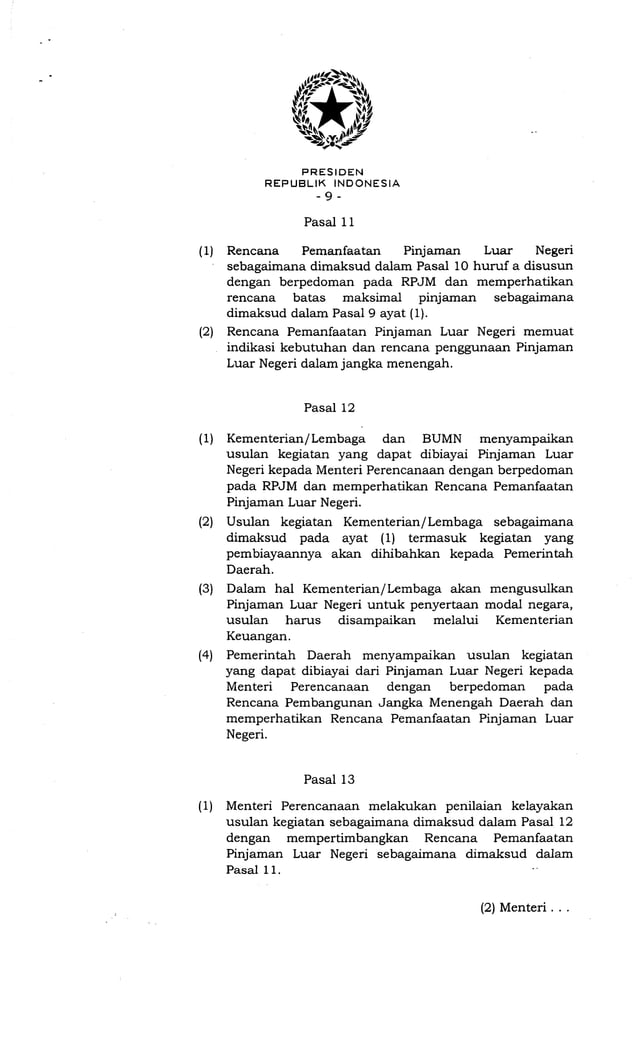 Peraturan Pemerintah No. 10 Tahun 2011 tentang Tata Cara Pengadaan Pinjaman Luar Negeri dan ...
