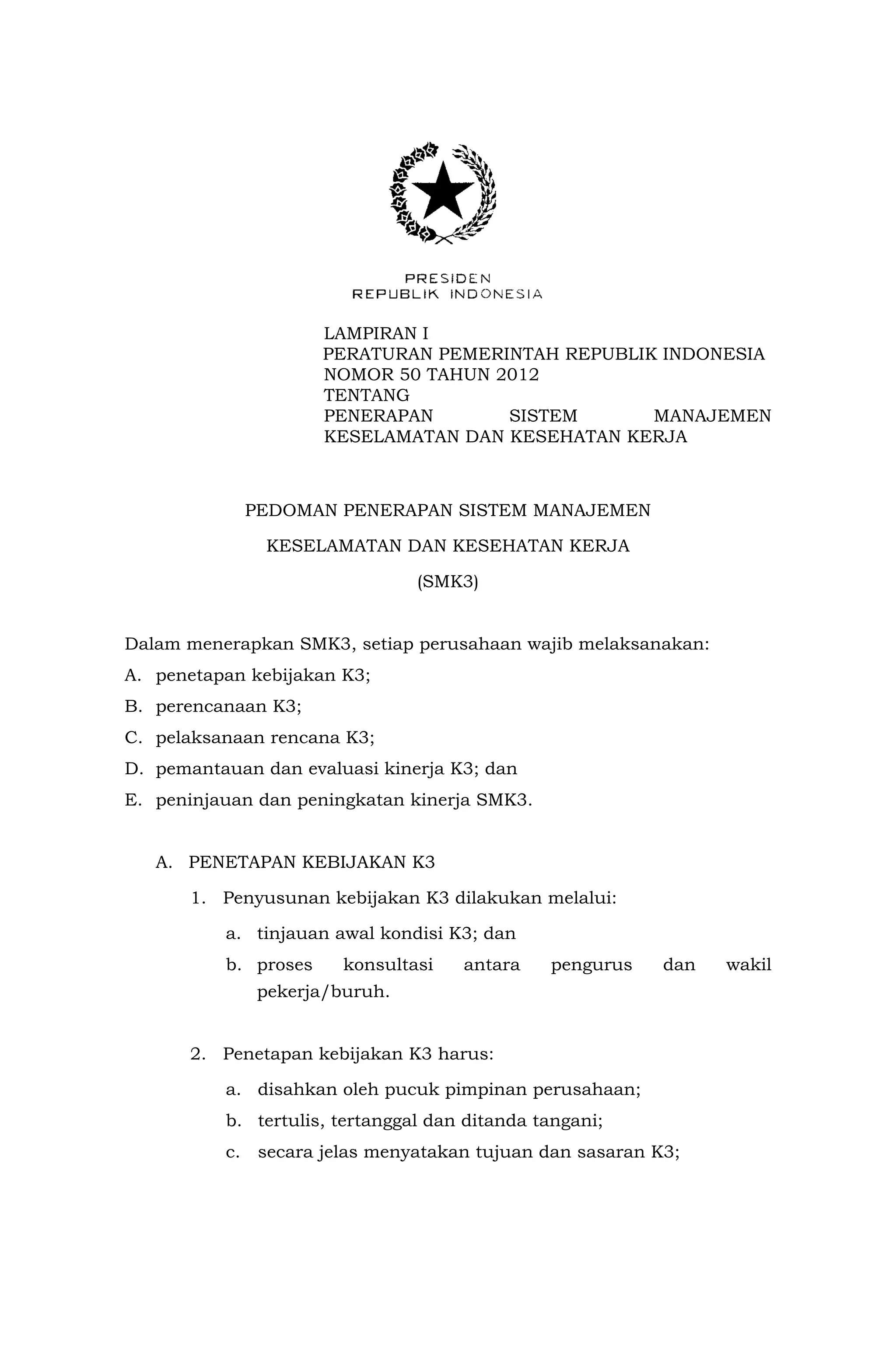 PP no. 50 tahun 2012 Tentang Penerapan SMK3 | PDF