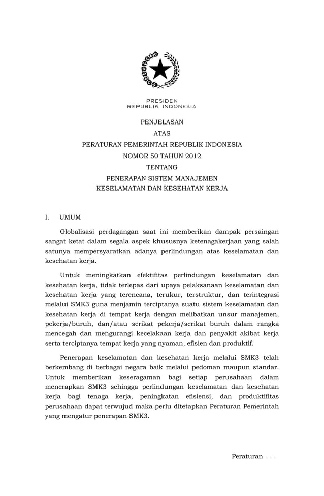 PP no. 50 tahun 2012 Tentang Penerapan SMK3 | PDF