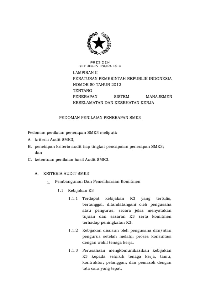 PP no. 50 tahun 2012 Tentang Penerapan SMK3 | PDF