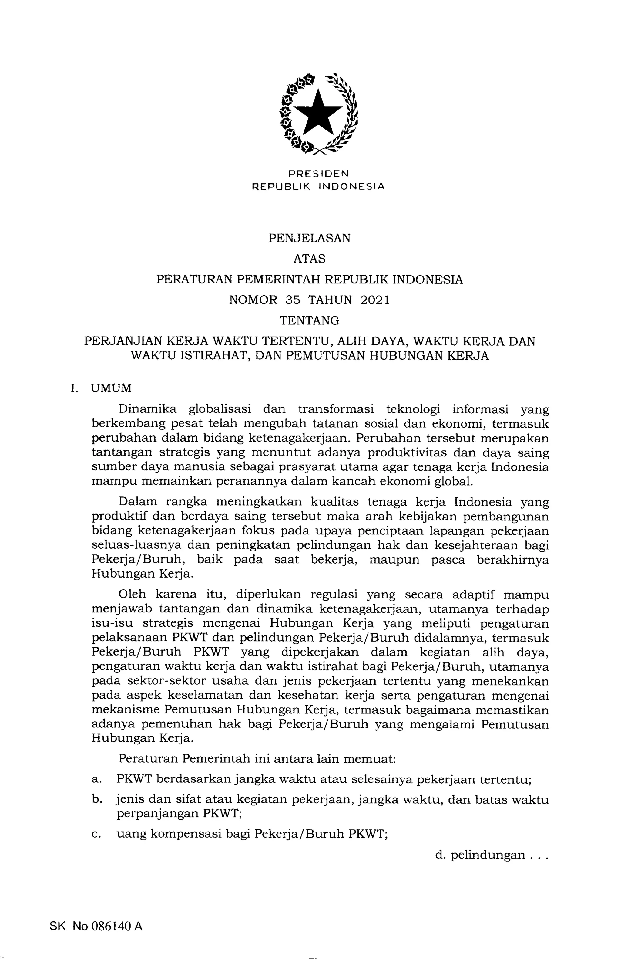 PP No. 35 Tahun 2021 Tentang Perjanjian Kerja Waktu Tertentu, Alih Daya ...