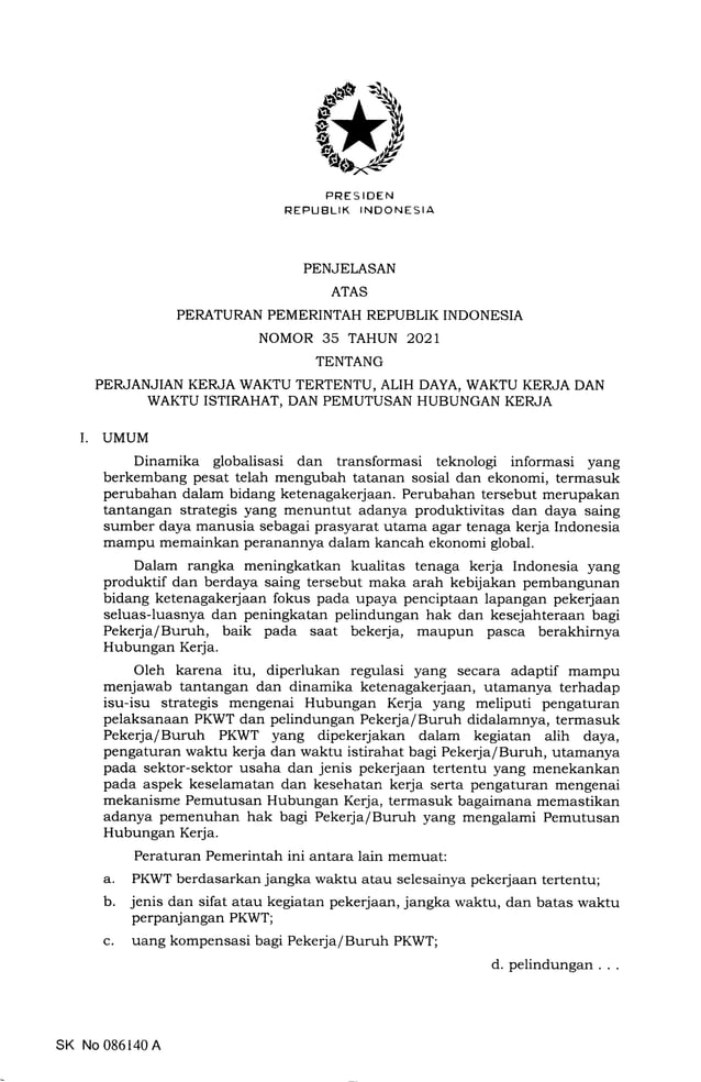 PP No. 35 Tahun 2021 Tentang Perjanjian Kerja Waktu Tertentu, Alih Daya, Waktu Kerja, Hubungan ...