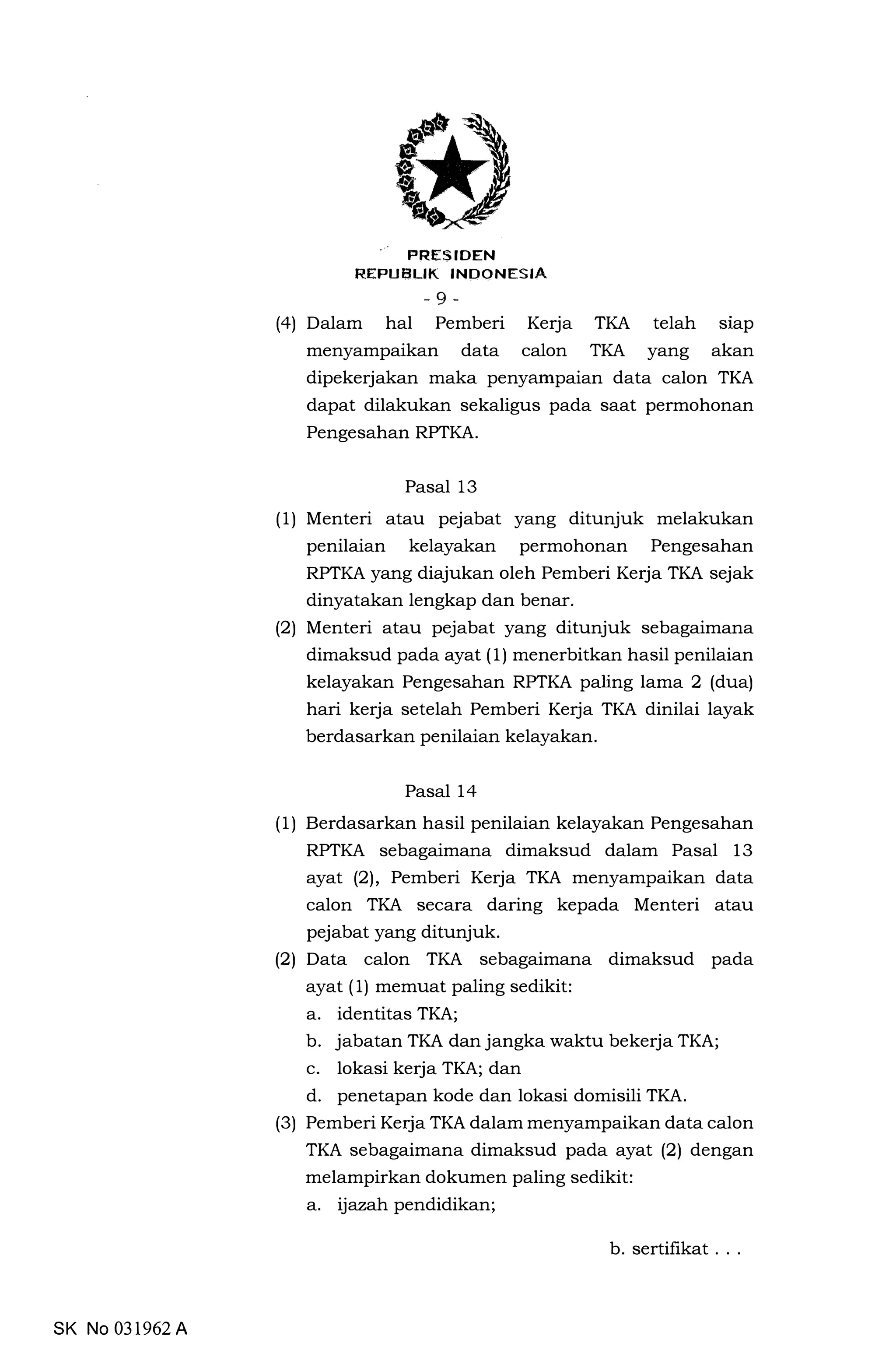 PP No. 34 Tahun 2021 Tentang Penggunaan Tenaga Kerja Asing | PDF