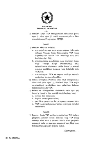 PP No. 34 Tahun 2021 Tentang Penggunaan Tenaga Kerja Asing | PDF