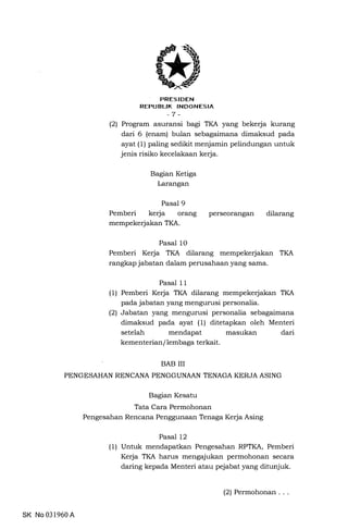 PP No. 34 Tahun 2021 Tentang Penggunaan Tenaga Kerja Asing | PDF