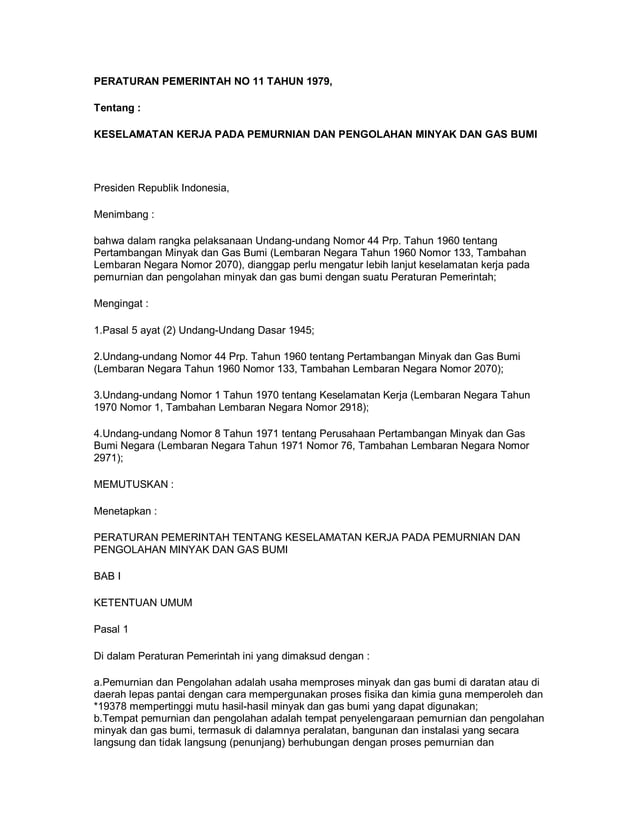 Pp no 11 thn 1979 keselamatan kerja pemurnian gas minyak bum | PDF