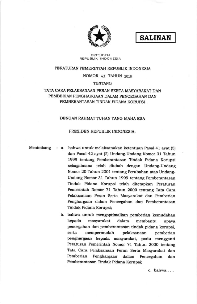 Ppnomor43tahun2018 tentang bentuk dan peran serta masyarakat | PDF