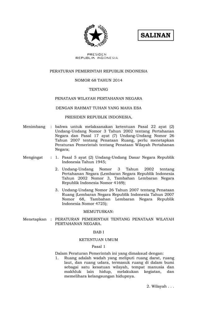 Pp nomor 68 tahun 2014 penataan wilayah pertahanan negara | PDF