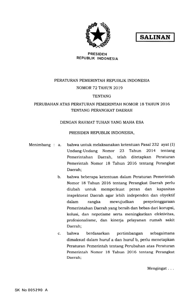 Pp nomor 72 tahun 2019 perubahan pp 18 tahun 2016 tentang perangkat daerah | PDF