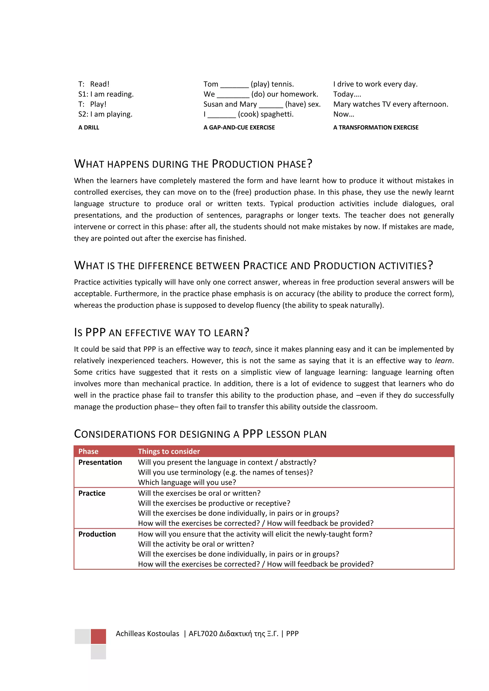 AFL7020 Language Teacher Education, Lecture 6: Presentation Practice Production | PDF