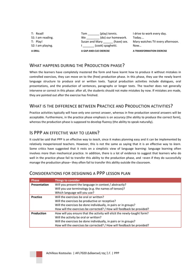 AFL7020 Language Teacher Education, Lecture 6: Presentation Practice Production | PDF