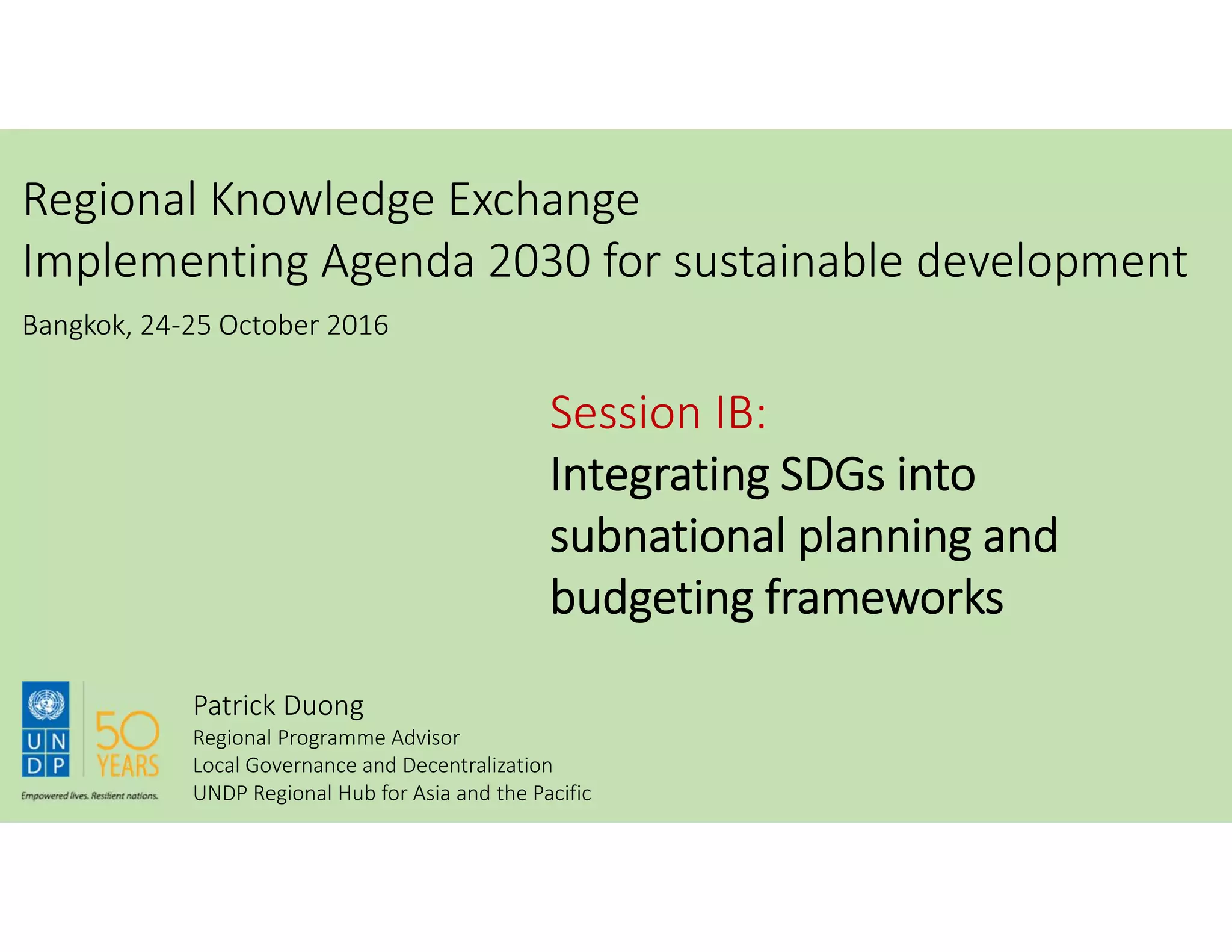 Integrating SDGs into subnational planning and budgeting frameworks | PDF