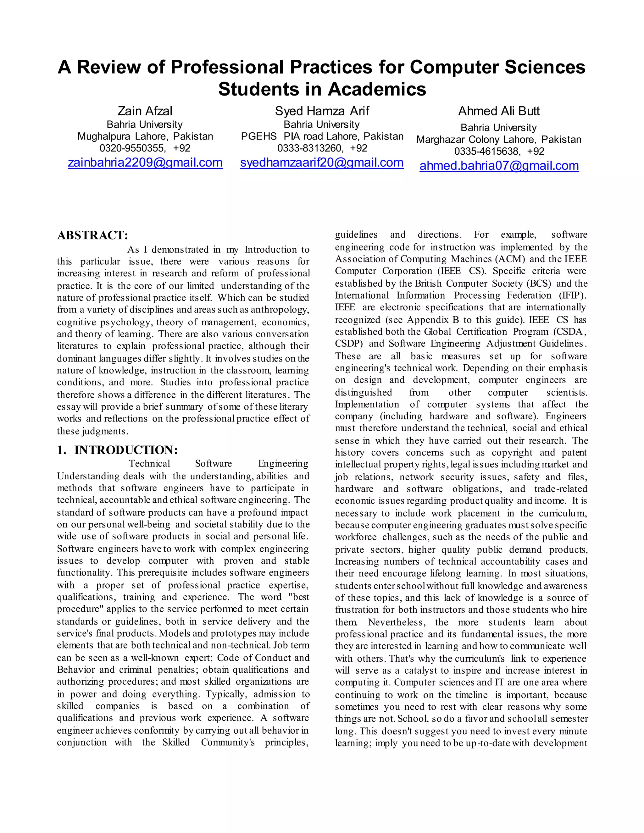 A Review of Professional Practices for Computer Sciences Students in ...