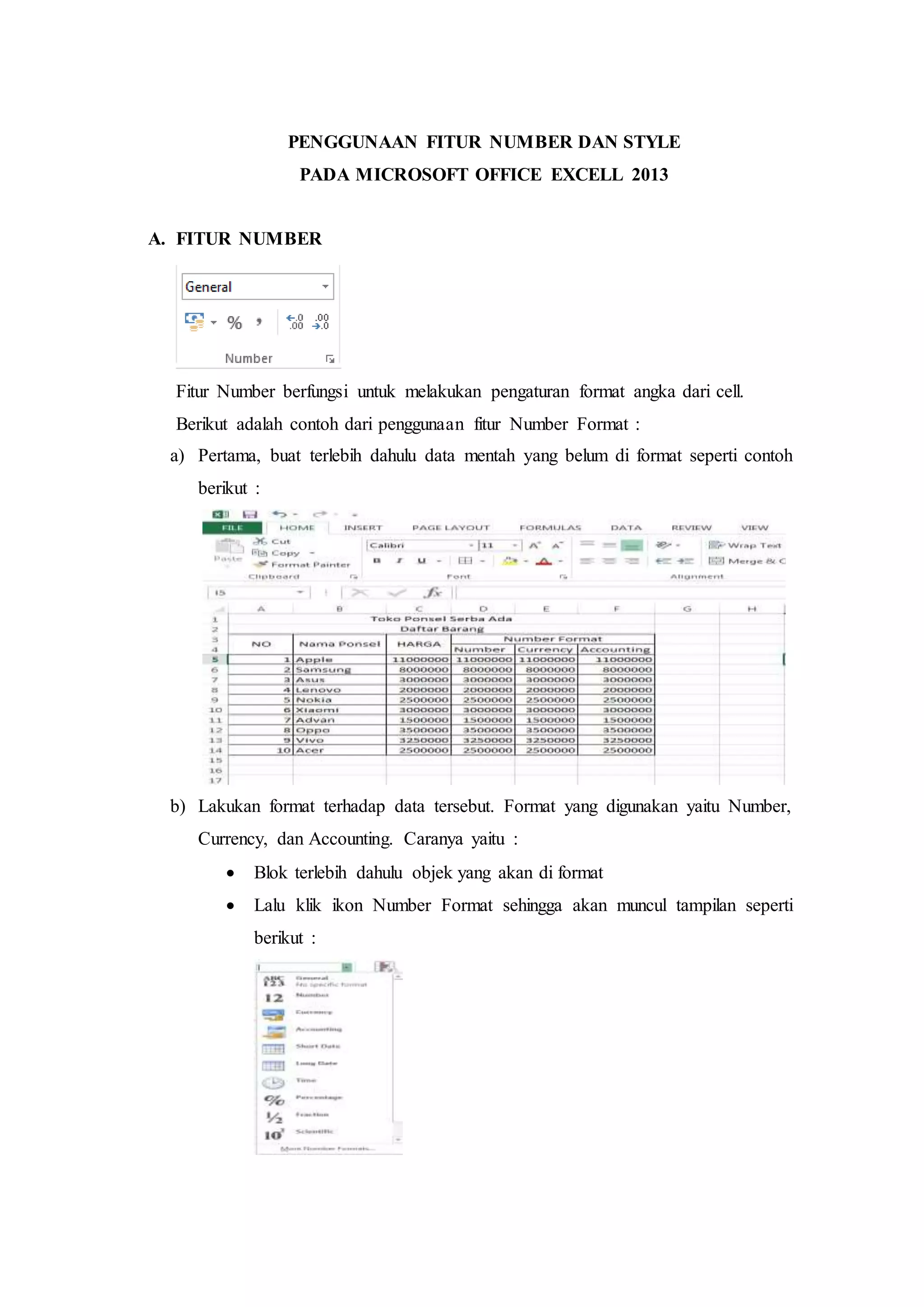 PENGGUNAAN FITUR NUMBER DAN STYLE PADA MICROSOFT OFFICE EXCELL 2013 | PDF