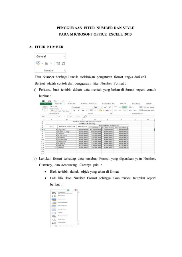 PENGGUNAAN FITUR NUMBER DAN STYLE PADA MICROSOFT OFFICE EXCELL 2013 | PDF