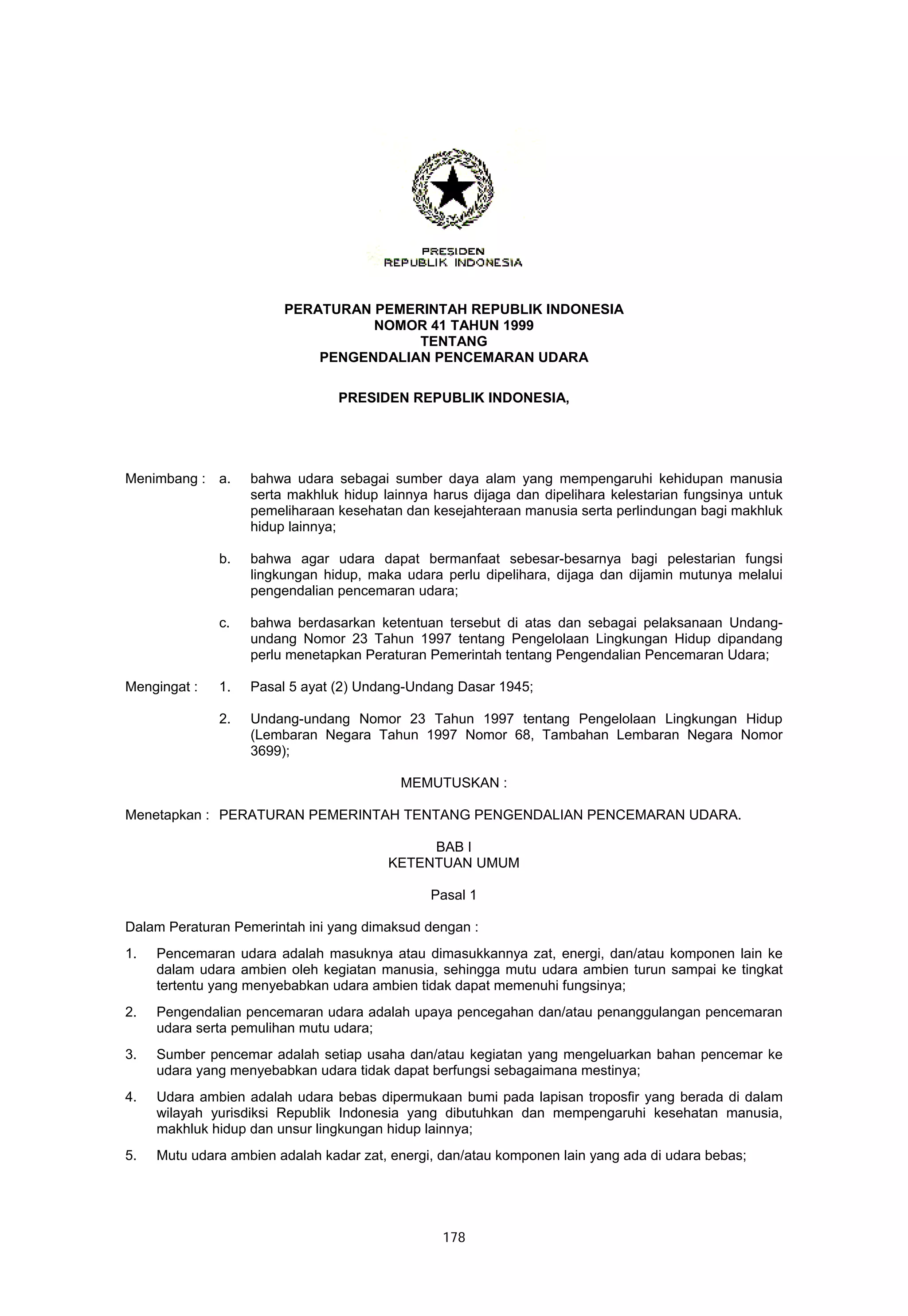 PP RI No. 41 Tahun 1999 tentang Pengendalian Pencemaran Udara | PDF