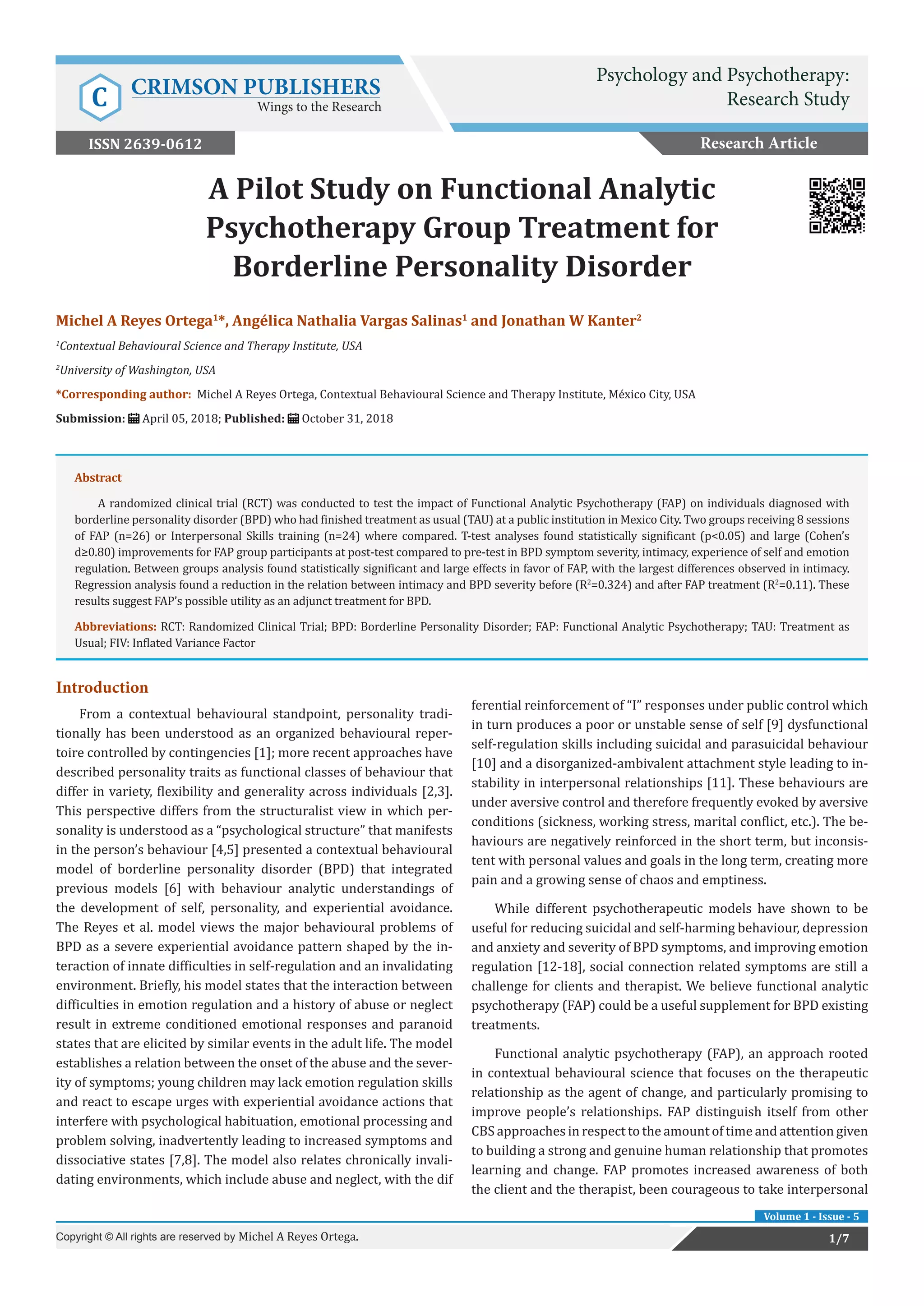 A Pilot Study on Functional Analytic Psychotherapy Group Treatment for ...