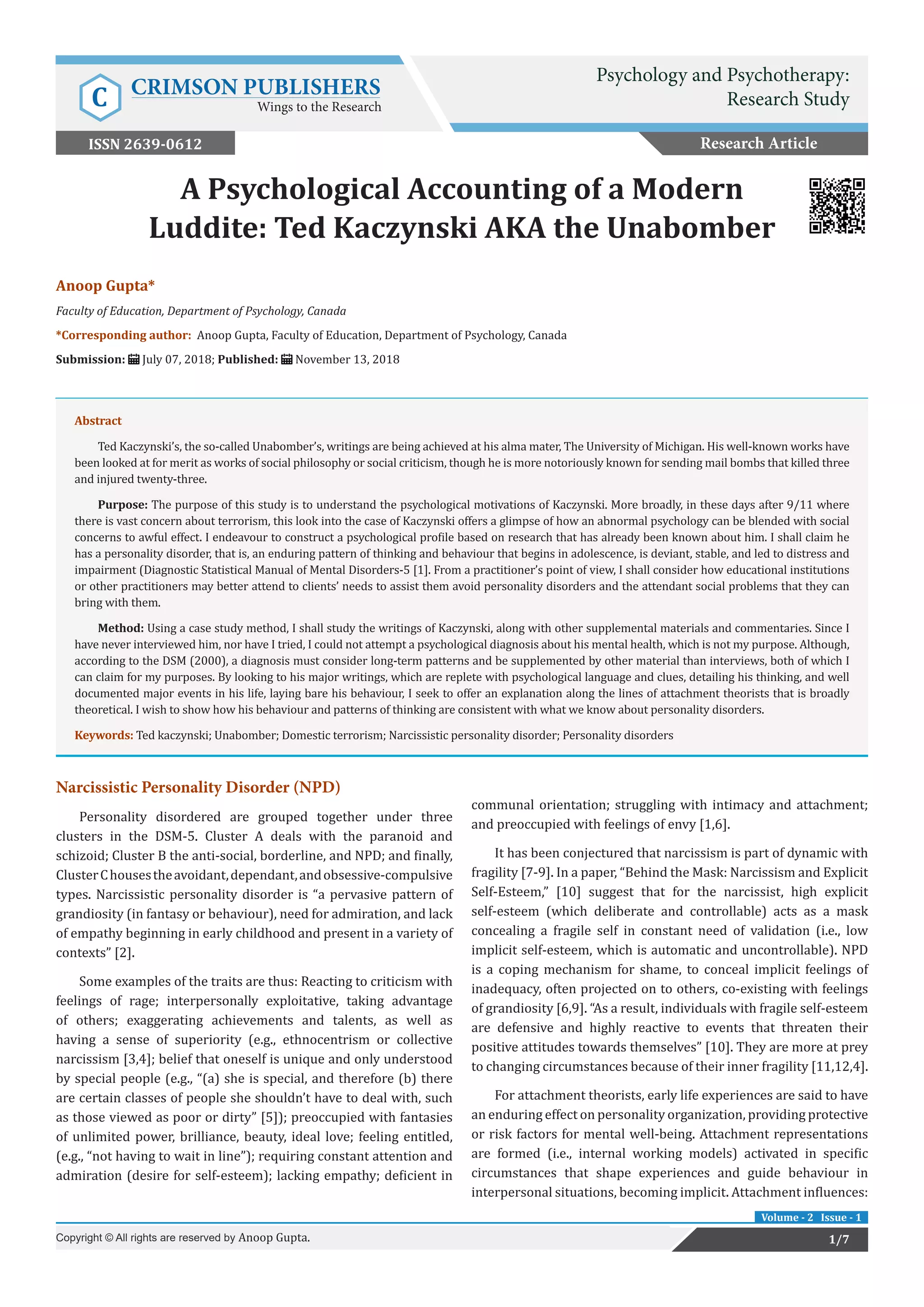 A Psychological Accounting of a Modern Luddite: Ted Kaczynski AKA the ...