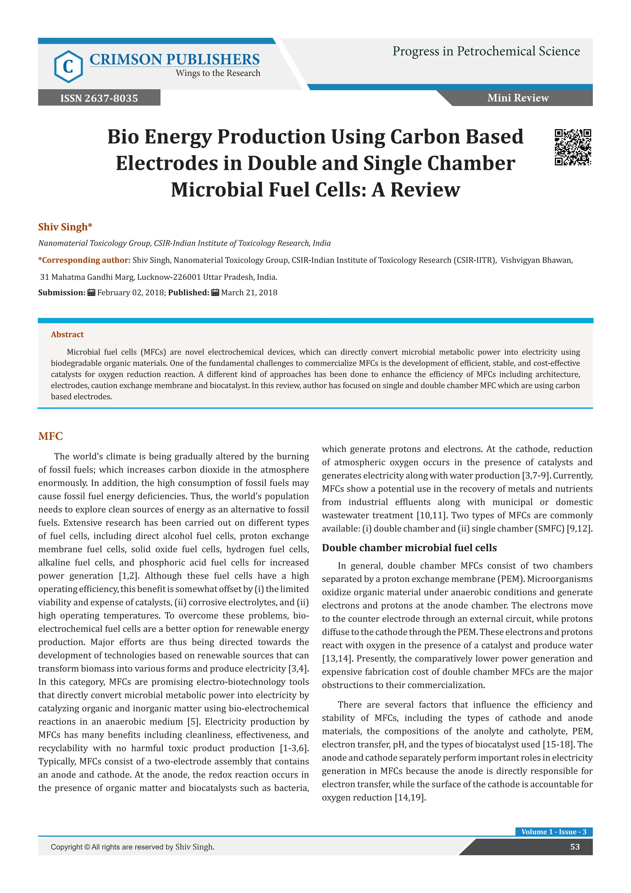 Bio Energy Production Using Carbon Based Electrodes in Double and ...