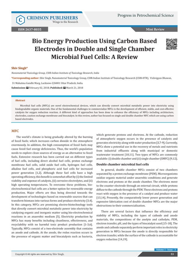 Bio Energy Production Using Carbon Based Electrodes in Double and Single Chamber Microbial Fuel ...