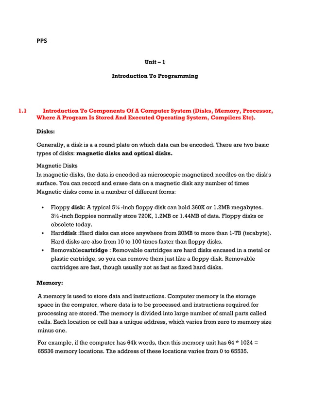 PPS 1.1.INTRODUCTION TO COMPONENTS OF A COMPUTER SYSTEM (DISKS, MEMORY, PROCESSOR, WHERE A ...