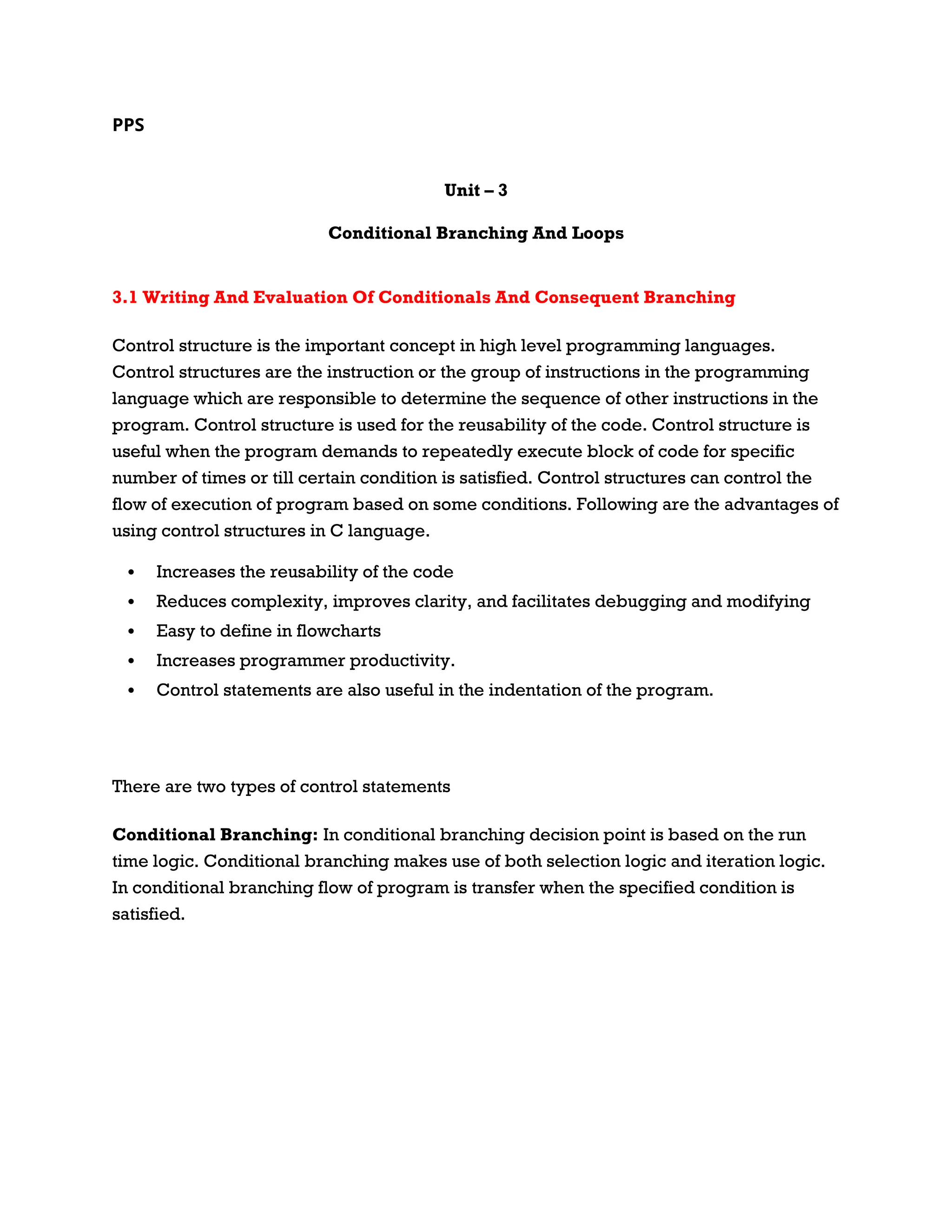 PPS 3.3CONDITIONAL BRANCHING AND LOOPS WRITING AND EVALUATION OF CONDITIONALS AND CONSEQUENT ...