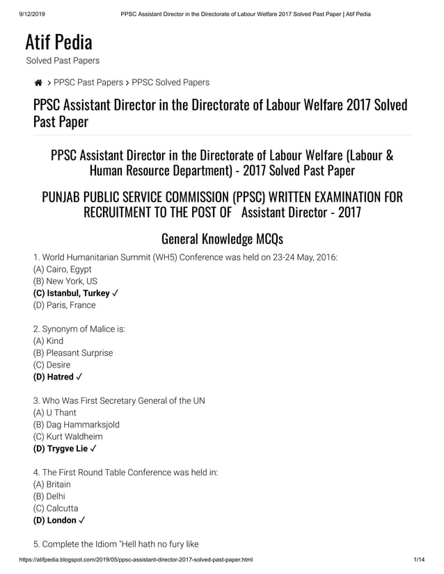 Ppsc assistant director in the directorate of labour welfare 2017 ...
