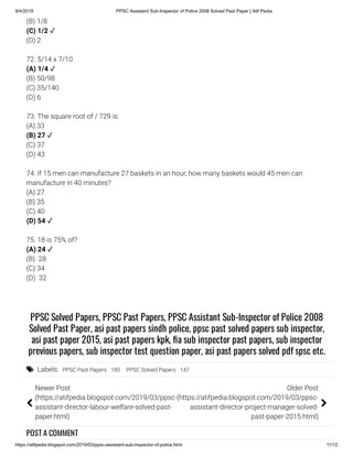 Ppsc assistant sub inspector of police 2008 solved past paper atif pedia | PDF